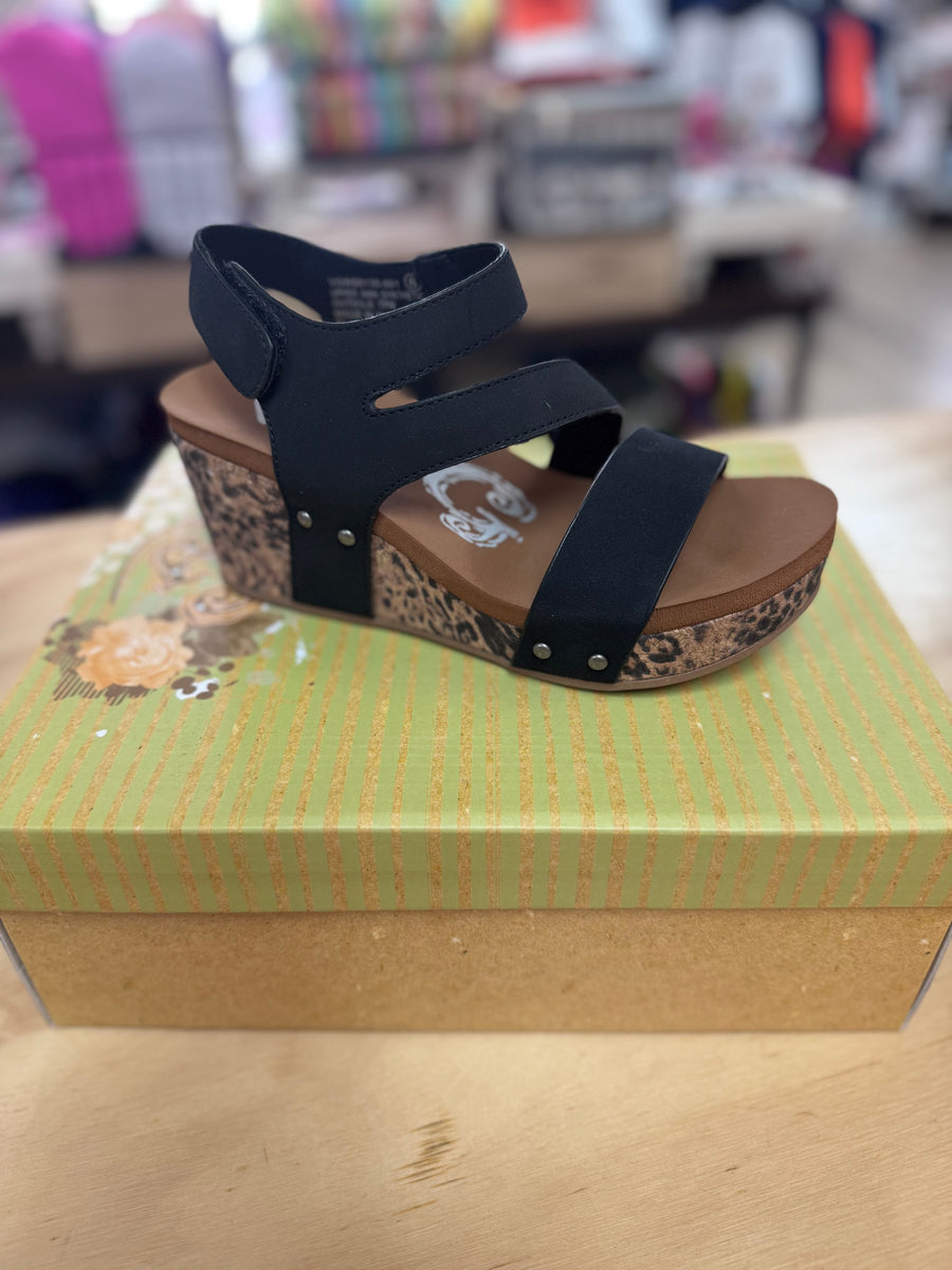 Casper Wedges- Black Leather & Leopard Cork – The Silver Strawberry