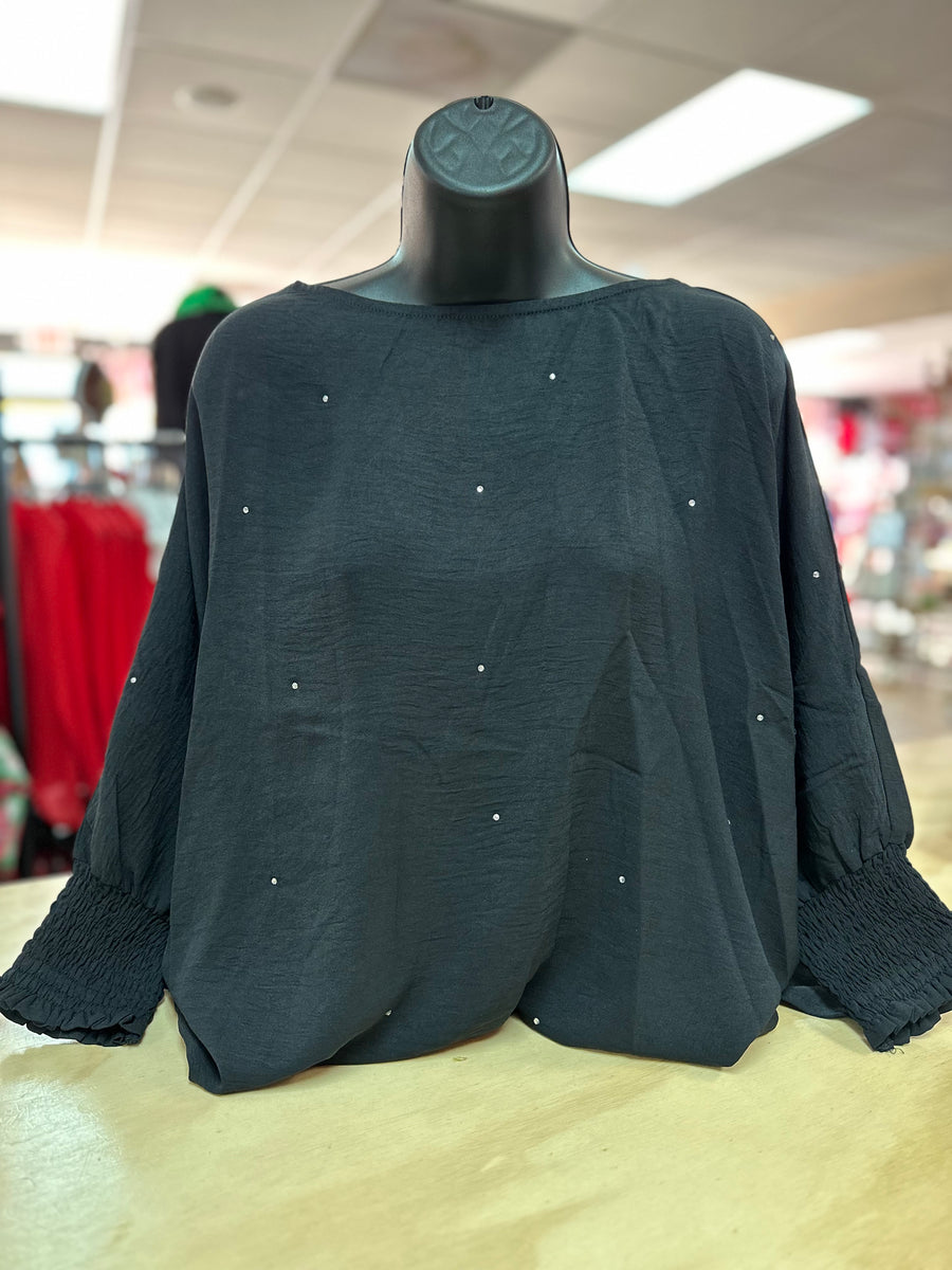 "Black Rhinestone Airflow" Batwing Smocked Top – The Silver Strawberry