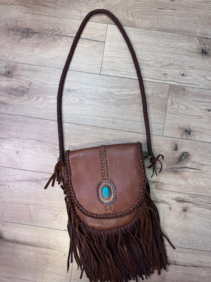 Lilly Purse- Brown Braided Fringe W/ Turquoise Stone – The Silver ...
