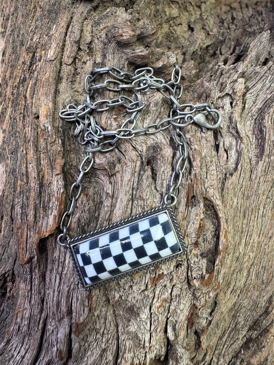 Mattie Necklace- "Checkered Bar" Black & White – The Silver Strawberry