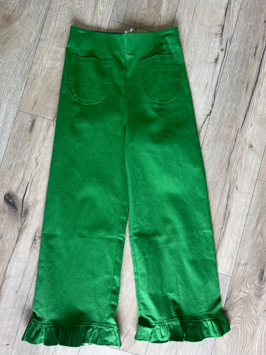 Collette Cropped Wide Leg Pant- "Green" Ruffled Hem – The Silver Strawberry