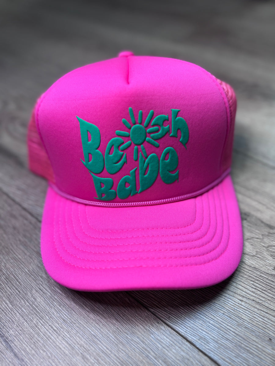 "Beach Babe" Neon Pink Puffy Hat – The Silver Strawberry
