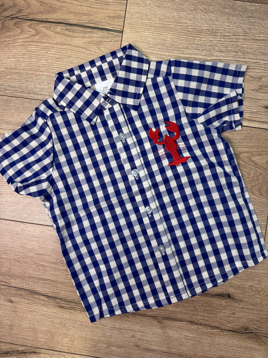 "Embroidered Crawfish" Blue Gingham Kids Top – The Silver Strawberry