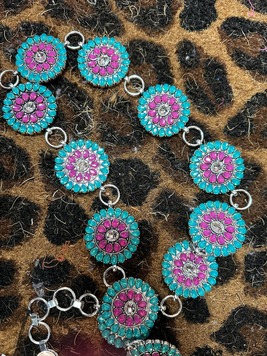 "Turquoise & Pink" Rhinestone Blossom Chain Belt – The Silver Strawberry