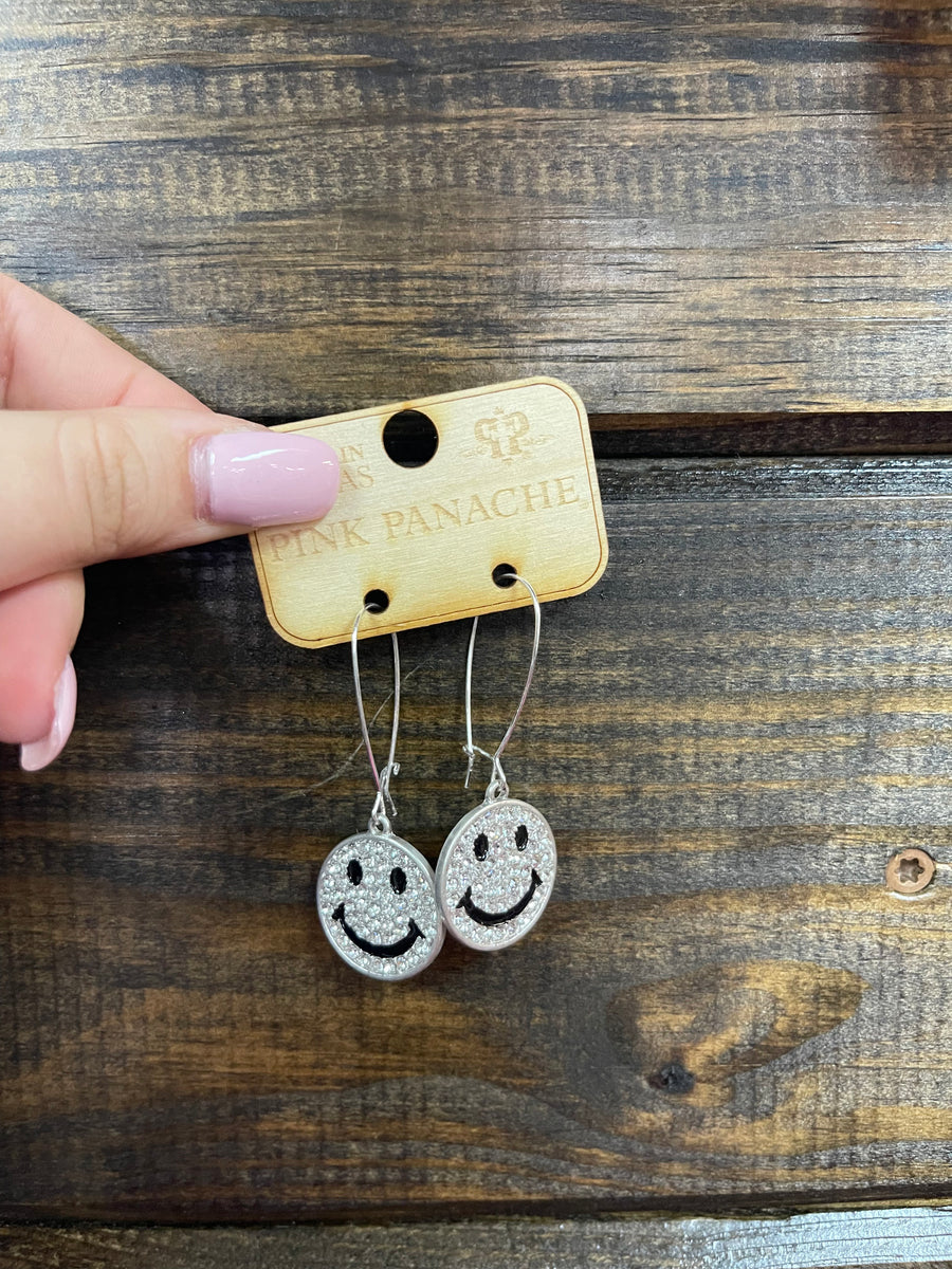 Pink Panache "Sarah" Earrings- "Silver Rhinestone" Smiley Face – The ...