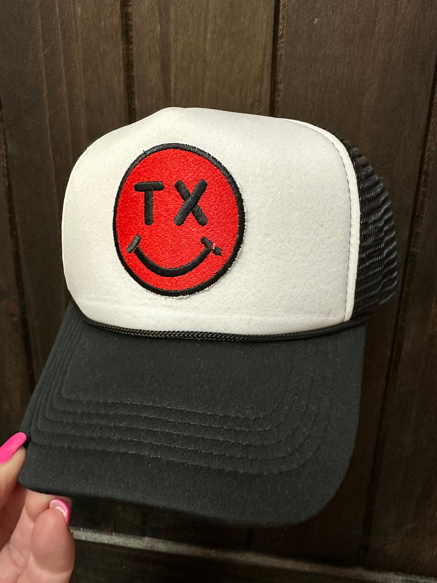 "TX Smiley Face; Red & Black" Black & White Puffer Hat – The Silver ...